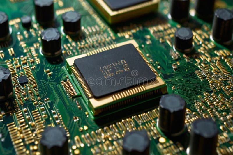 Close-up of a Circuit Board with Black Chips on it. the Chips are ...