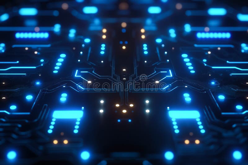 A Close Up of a Circuit Board with Blue Lights Stock Illustration ...