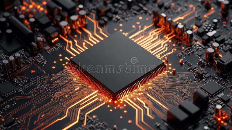 Closeup of a Circuit Board with a Central Processing Unit and Glowing ...