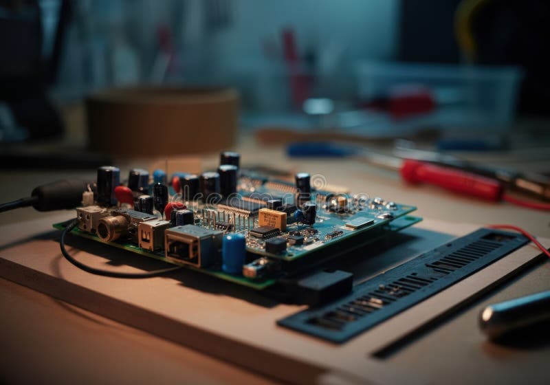Close-up of a Circuit Board with Electronic Components on a Workbench ...