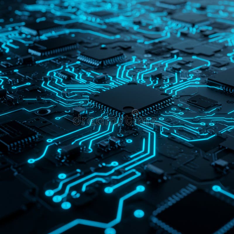 Close-up of a Circuit Board Featuring Blue Glowing Pathways and Black ...