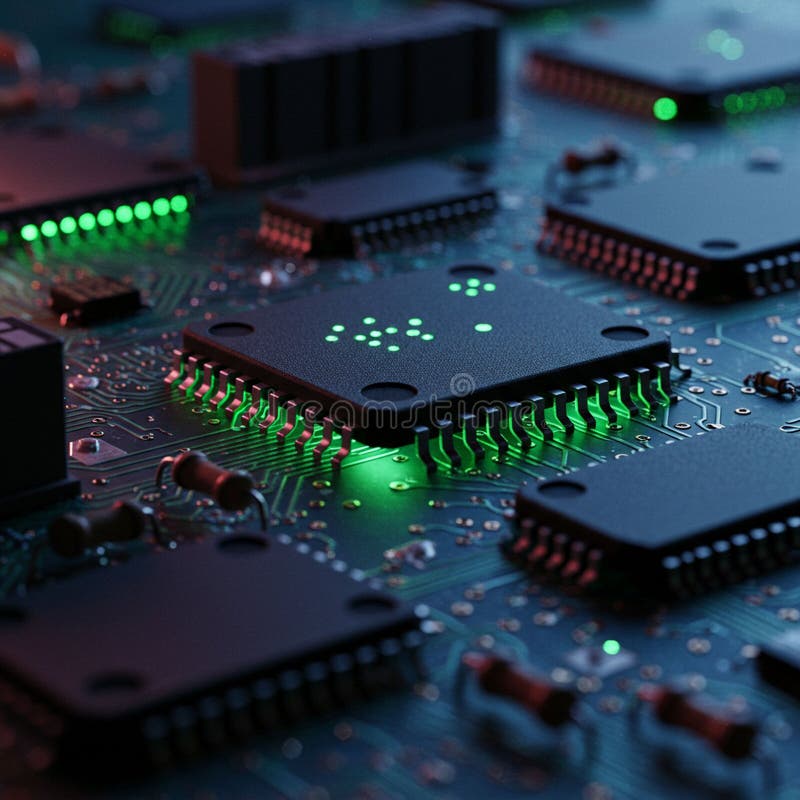 Close-up of a Circuit Board Featuring Multiple Microchips with ...