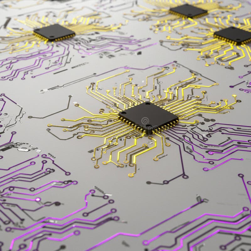 Close-up of a Circuit Board Featuring Several Microchips with Gold and ...