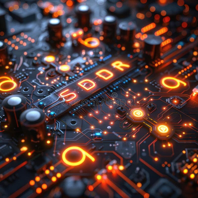 Close-up of a Circuit Board with Glowing Orange LEDs and the Word SDR ...