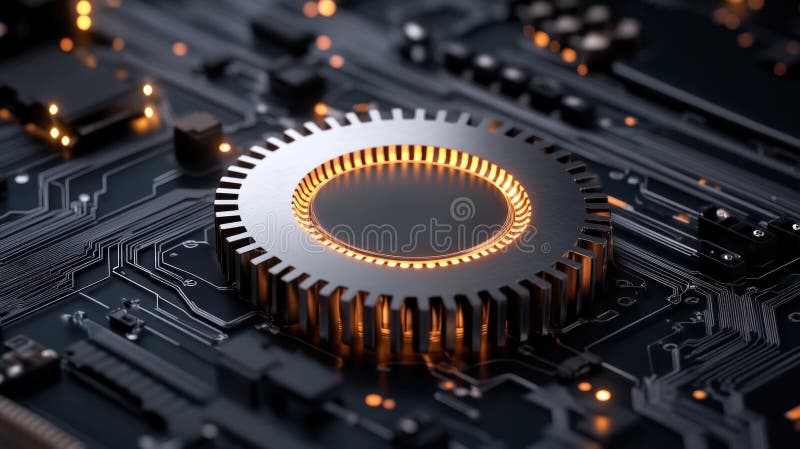 Closeup of a Circuit Board with a Glowing Processor Dark and Futuristic ...