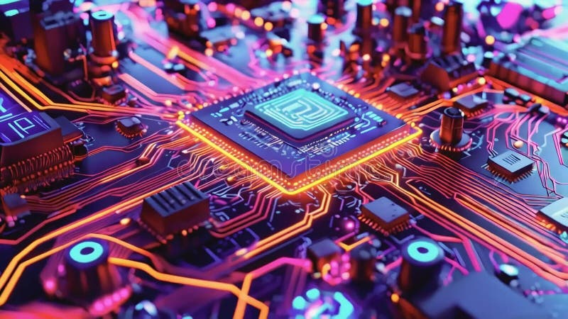 Close-up of a Circuit Board with a Glowing Processor, Illuminated with ...