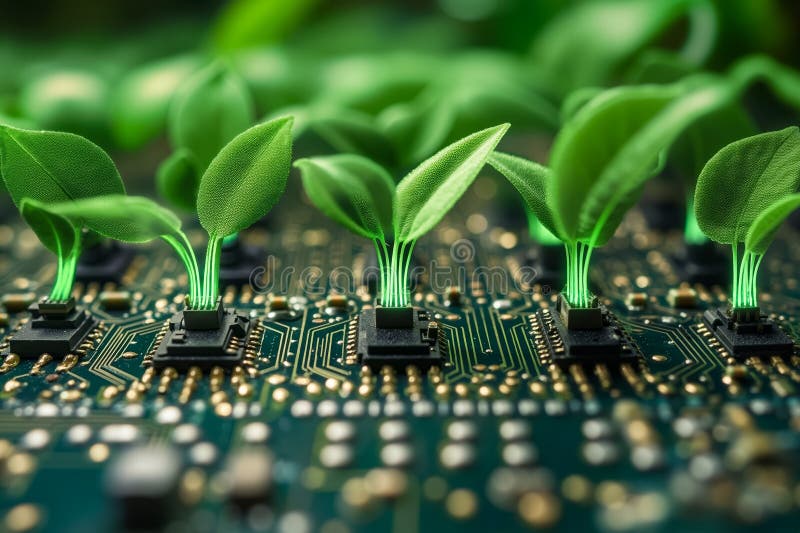 A Close Up of a Circuit Board with Green Plants Growing Out of it Stock ...