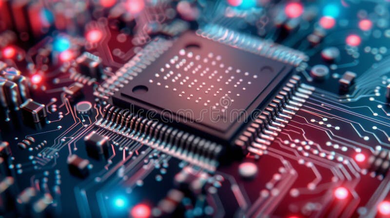 Close-Up of a Circuit Board with Illuminated Microchip in Dark ...