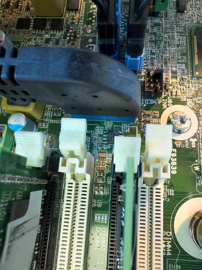 Close Up of Circuit Board with Microchips and Other Computer Parts. RAM ...