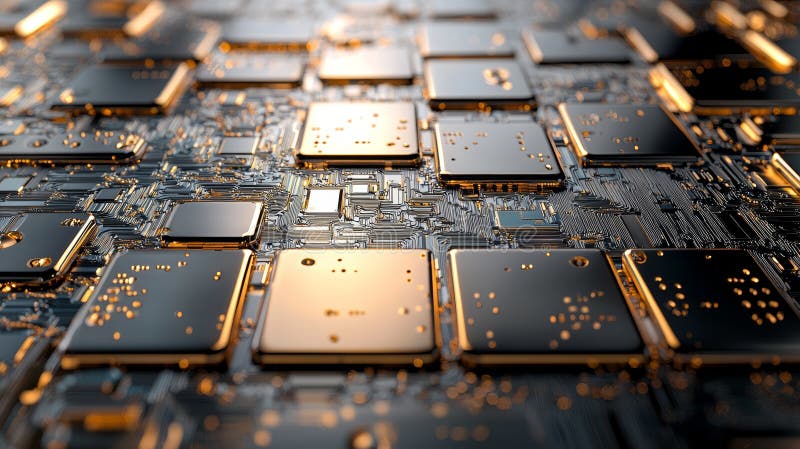 Close-up of a Circuit Board with Multiple Gold Chips, Creating a ...