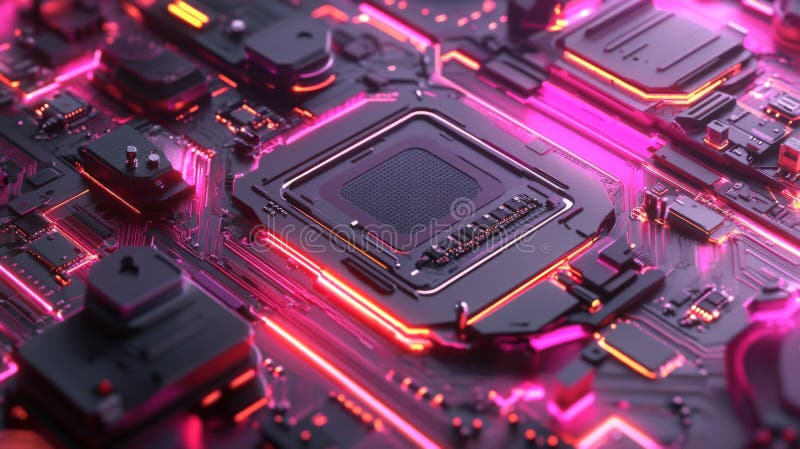 Close-up of a Circuit Board with a Processor and Neon Lights Stock ...