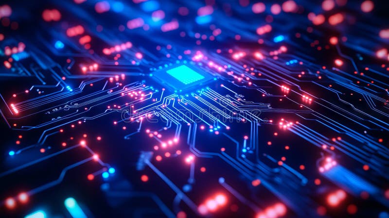 A Close Up of a Circuit Board with Red and Blue Lights Stock Image ...