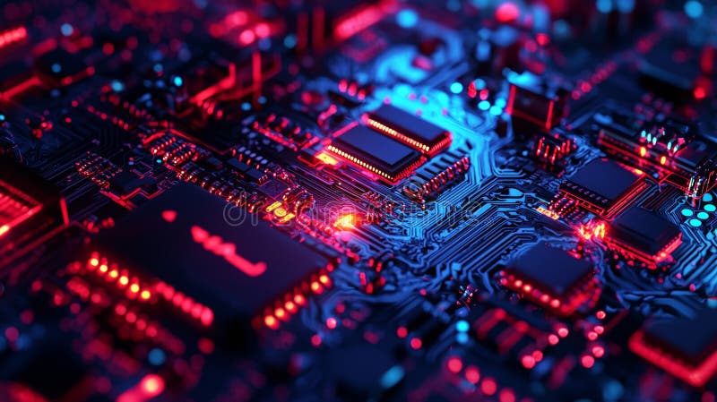 Close-Up of Circuit Board with Red and Blue Lights Stock Image - Image ...
