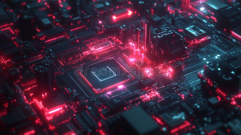 A Close-up of a Circuit Board with Red Glowing Lines and a Central ...
