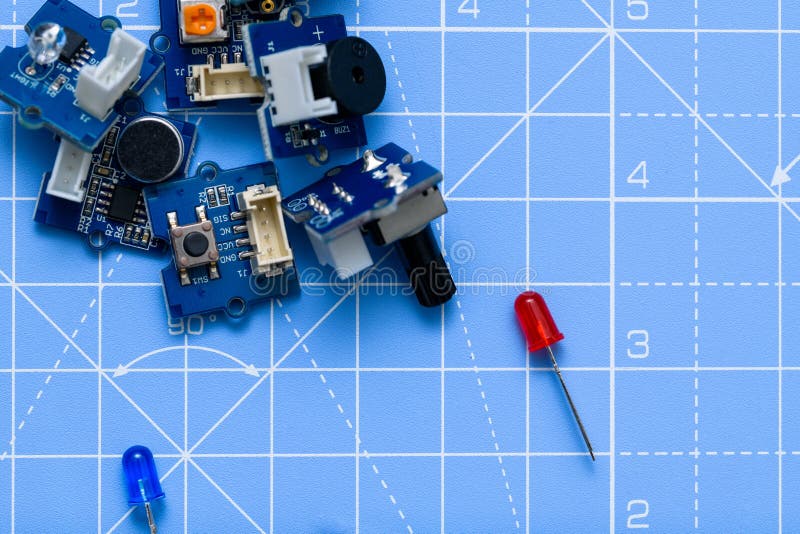 Close-up of Circuit-boards and Red and Blue Led Electrical Components ...