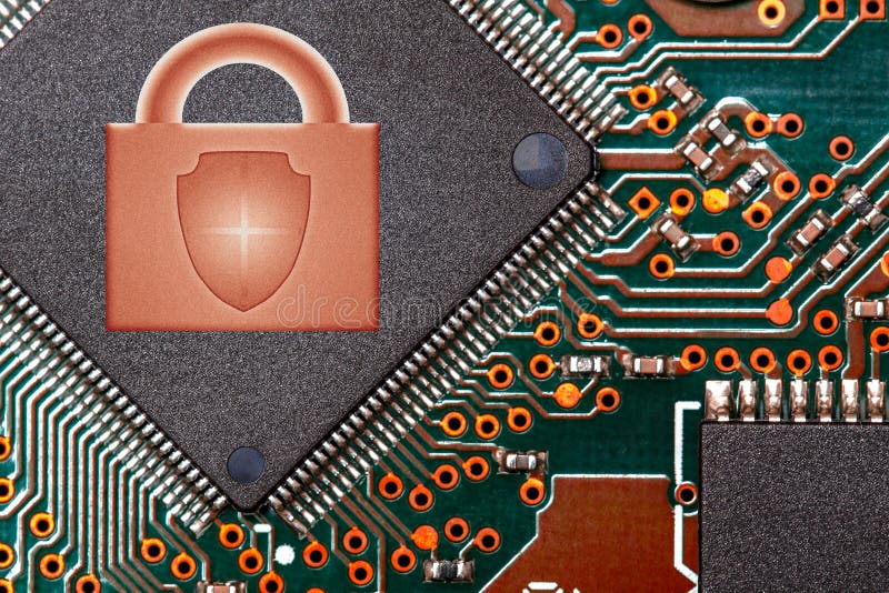 Close Up Circuit Digital Chip with Lock Logo. Security Technologies ...