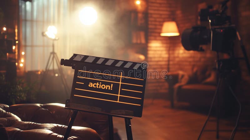 A Close-up of a Clapperboard in Front of a Well-lit Scene Stock Photo ...