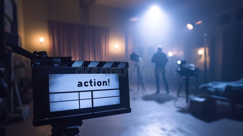 A Close-up of a Clapperboard in Front of a Well-lit Scene Stock Photo ...
