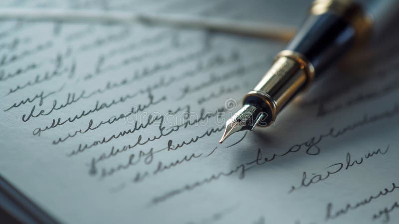 Close-up of a Classic Fountain Pen on Handwritten Script on Paper Stock ...
