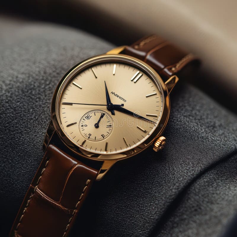 A Close-up of a Classic Gold Watch with a Brown Leather Strap on a Soft ...