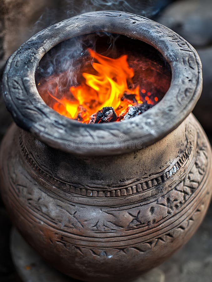 Close Up of a Clay Pot with Fire Burning Inside and Smoke Rising from ...