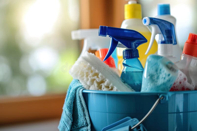 Close-up of Cleaning Products in a Blue Bucket Stock Photo - Image of ...