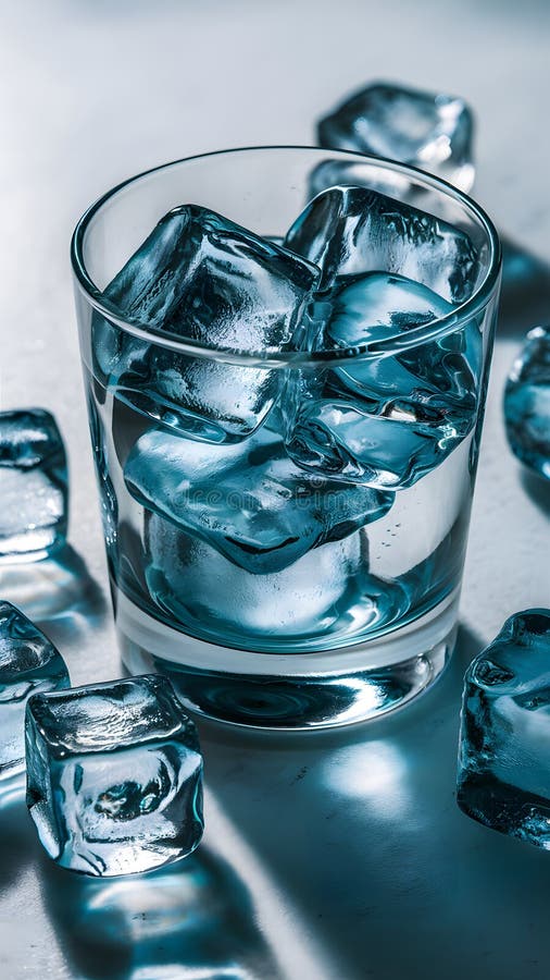Close Up of Clear Glass Filled with Translucent Ice Cubes on Light ...
