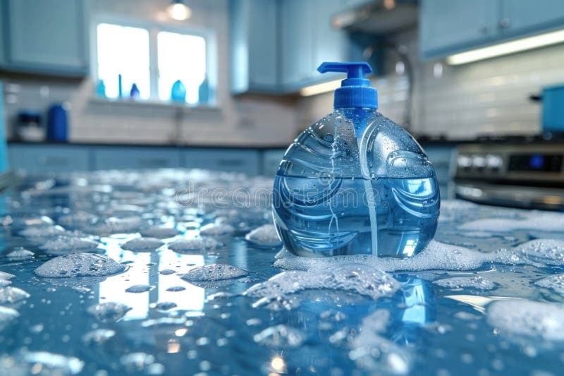 Clear Liquid Soap Dispenser with a Modern Design on a Blue Table with ...