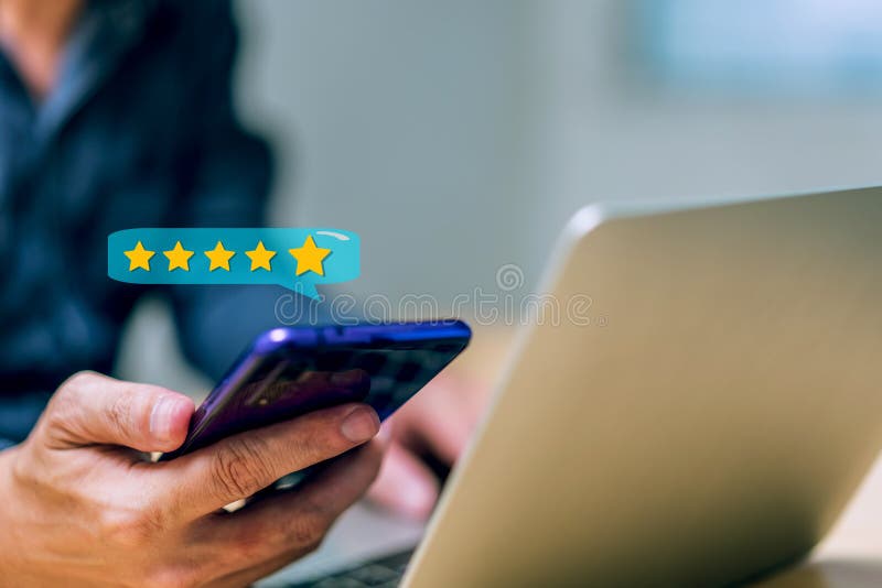 Close Up Client Man Hand Using Smartphone with Pop Up Five Star Icon ...
