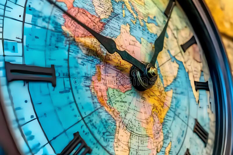 Close Up of a Clock Face on a World Map. Time Concept Stock ...