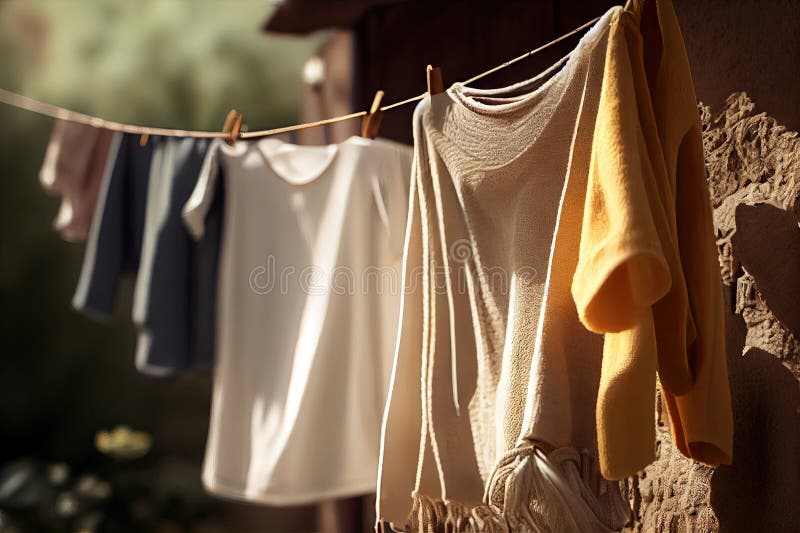 Close-up of Clothesline with Freshly Dried Clothes, Including Towels ...