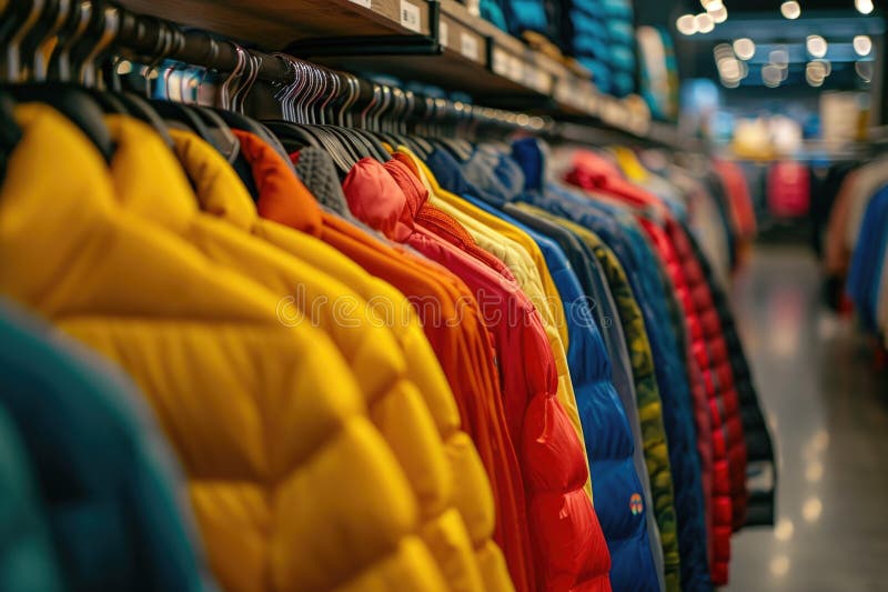 Close-up of a Clothing Rack with a Selection of Brightly Colored Puffer ...