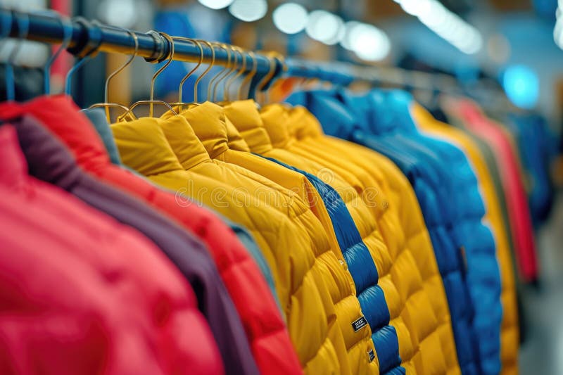 Close-up of a Clothing Rack with a Selection of Brightly Colored Puffer ...
