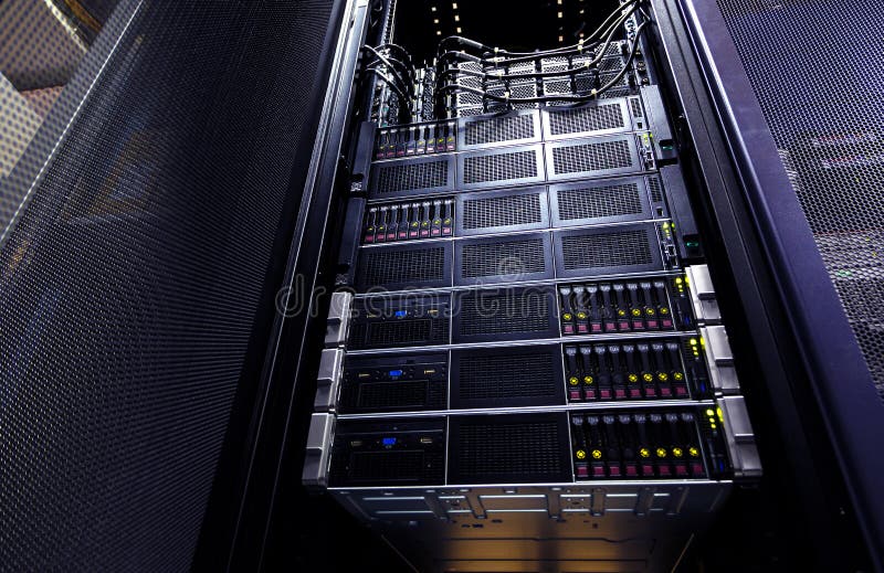 Close Up Cloud Storage System Panel Modern with Hard Drives Blue Ton ...