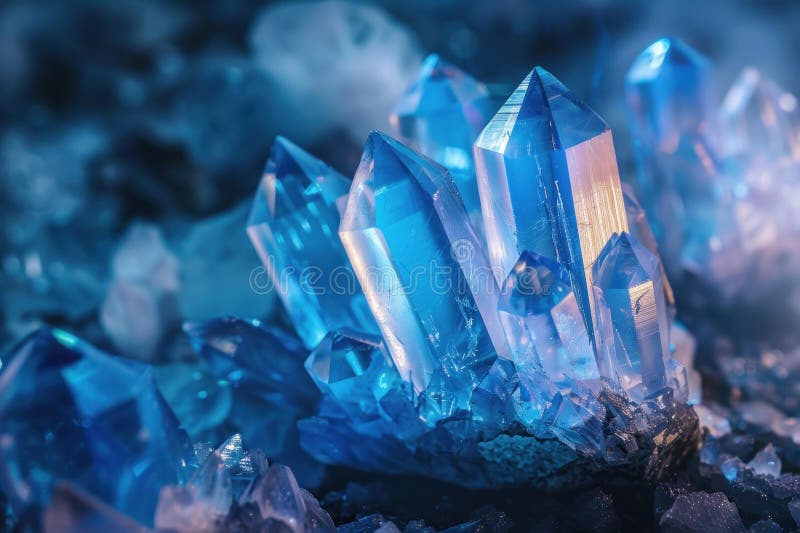 Blue Quartz Crystals Growing in Dark Cave Environment Stock ...