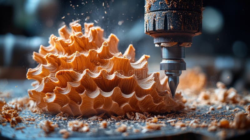 A Close-up of a CNC Machine Carving a Piece of Wood. Wood Chips Fly Off ...