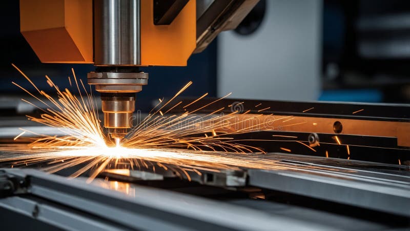A Close-up of a CNC Machine Cutting Metal with Sparks Flying Around in ...