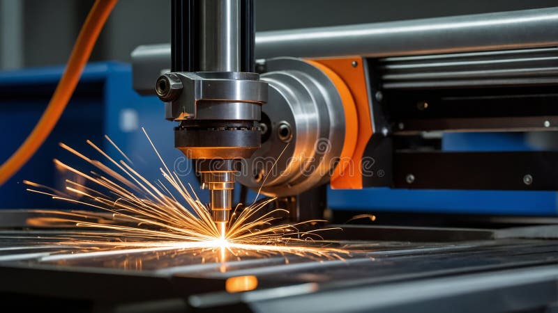A Close-up of a CNC Machine Cutting Metal with Sparks Flying Around in ...