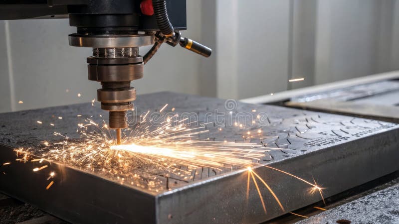 Close-up of CNC Machine Cutting Steel Block with Sparks Stock Image ...