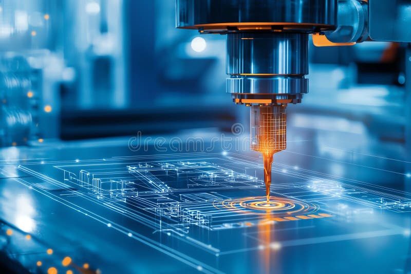 Closeup of a CNC Machine Working on a Futuristic Digital Blueprint ...