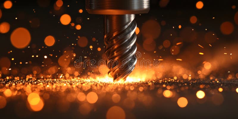 Close-up of CNC Milling Machine Head with Sparks in Motion, Precision ...