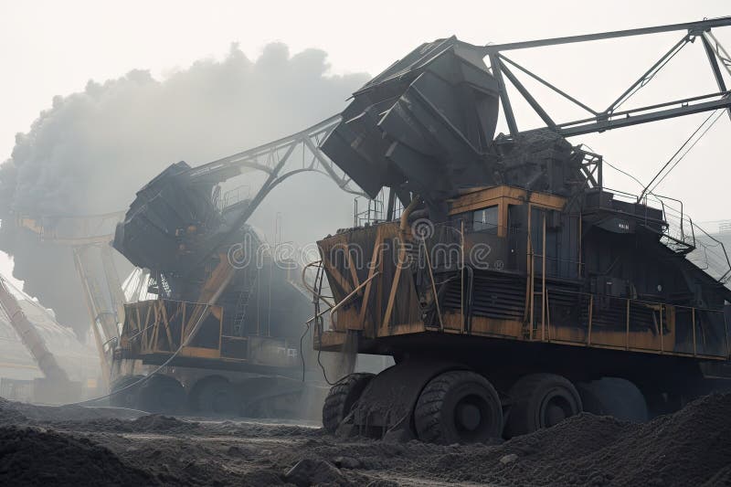 Close-up of Coal Mining Equipment, with Smoke and Dust in the Air Stock ...