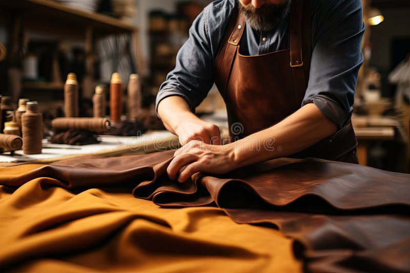 Close Up of a Cobbler Working with Leather Textile Stock Illustration ...