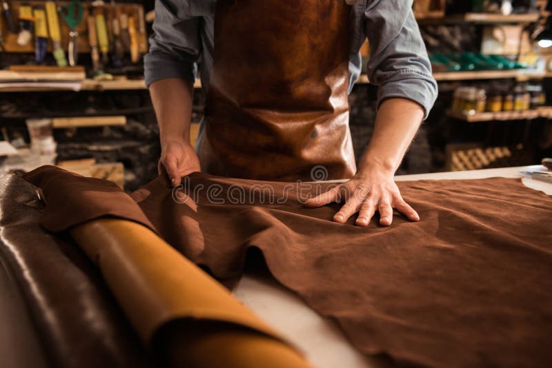 Close Up of a Cobbler Working with Leather Textile Stock Image - Image ...