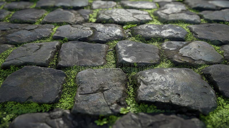Close-up of a Cobblestone Path with Green Moss Stock Illustration ...
