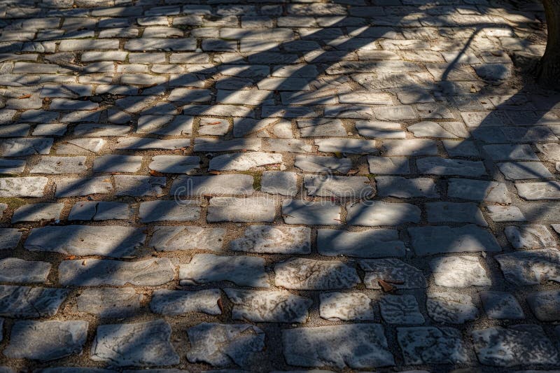 A Close-up of a Cobblestone Pathway with Shadows Cast by a Tree ...
