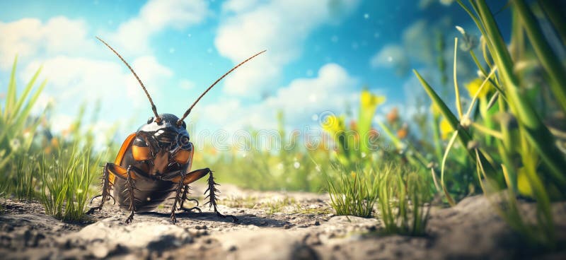 Close-up of a Cockroach in a Vibrant Outdoor Setting with Flowers and ...
