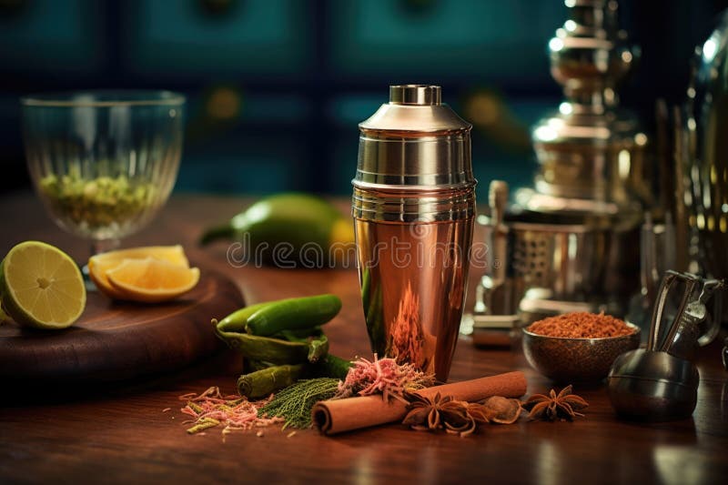 Close-up of Cocktail Shaker and Ingredients on Table Stock Illustration ...