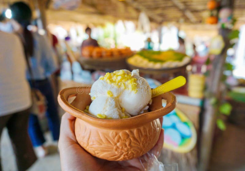 Close Up Coconut Milk Ice Cream in Clay Pot. Stock Photo - Image of ...
