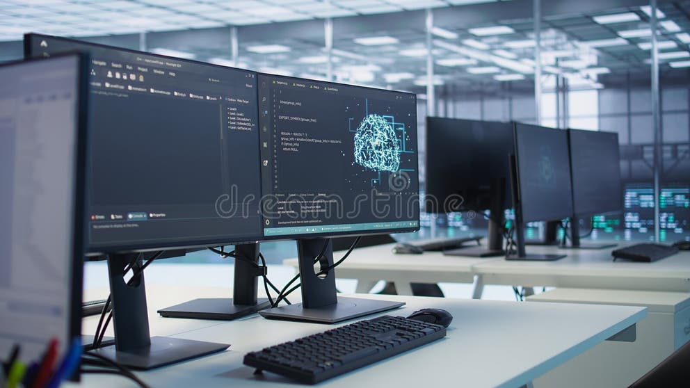 Close Up of Code on Computer Screens in Server Hub Used for AI Data ...